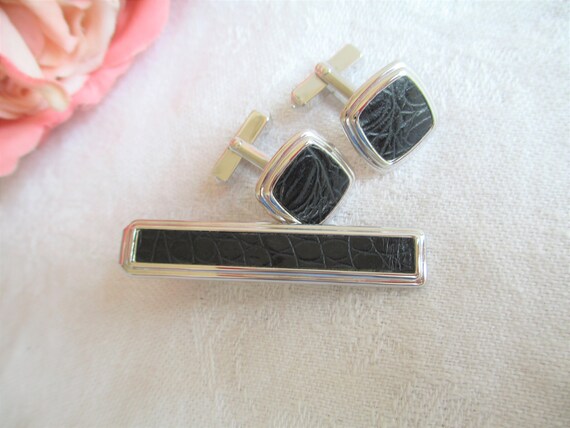 Vintage Swank Cufflinks Set Silver With Black Leather… - Gem