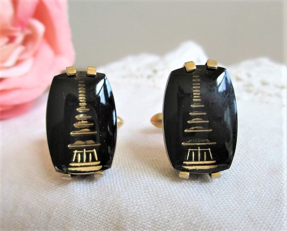 Vintage Swank Reverse Carved Pagoda Temple Cufflinks … - Gem