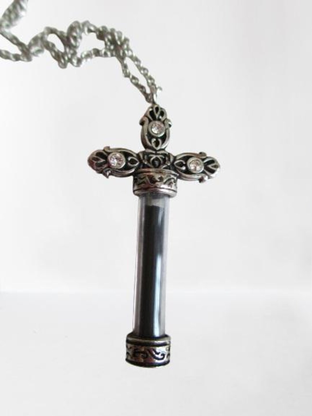 Vintage Glass Vial Crystal Cross Necklace 30 Inch Pendant Necklace ...