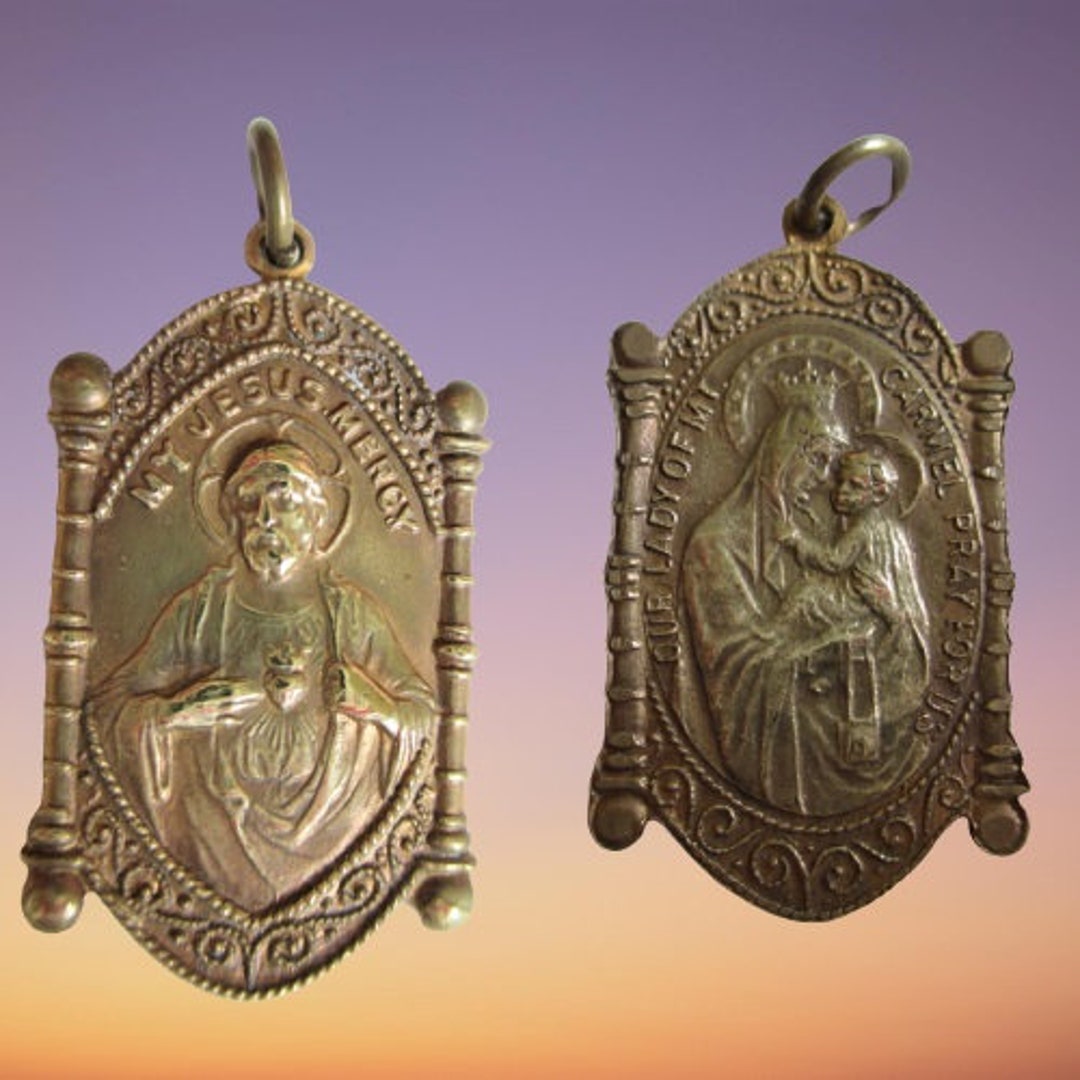 Vintage Sacred Heart Jesus Brass Medal Our Lady of Carmel Religious ...