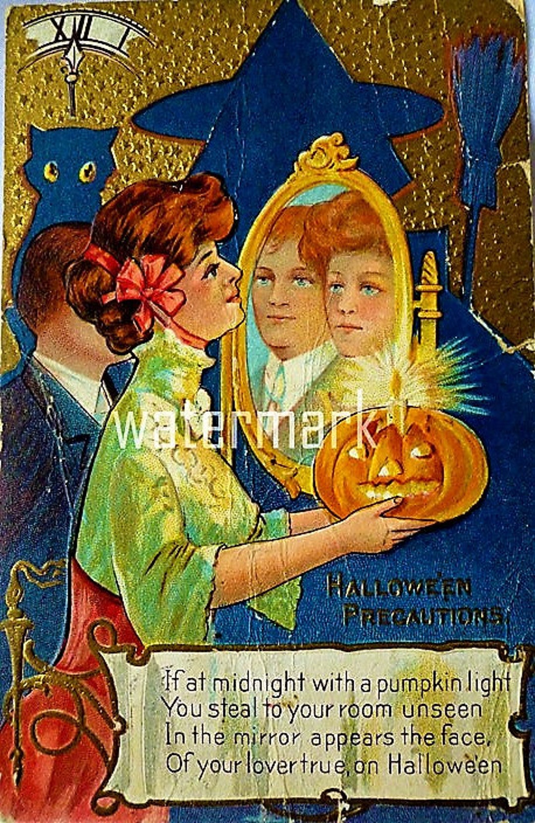 Vintage Halloween Postcard With Witch, Pumpkins & Cat Digital Download ...