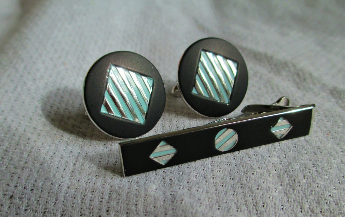 Swank Cufflinks and Tie Clip Set Enamel Geometric Designer Collection ...