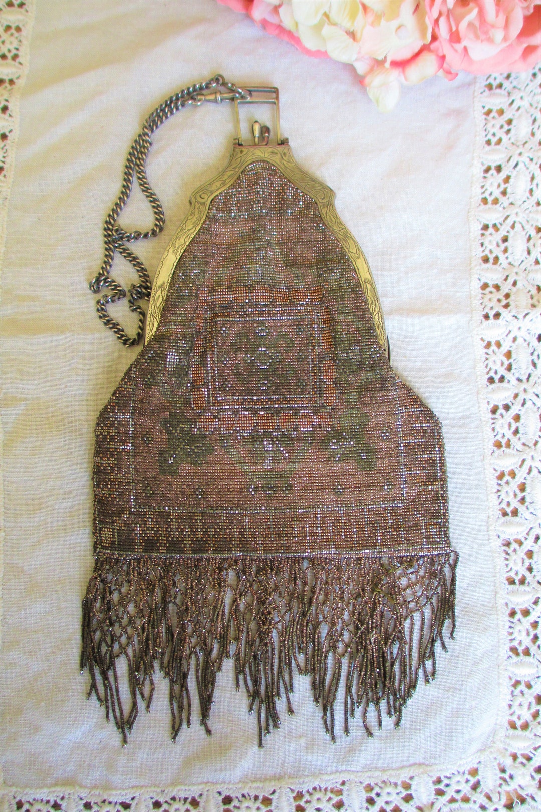 Antique Victorian Steel Beaded 800 Sterling Etched Frame Purse Hand Bag ...