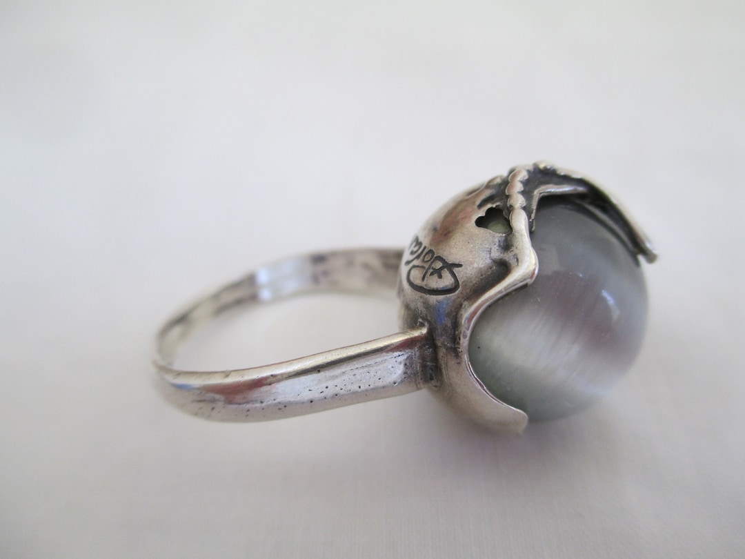 Vintage Ring Stunning Natural Grey Cat Eye Cabochon Sterling Silver ...