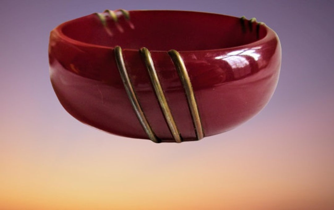 Vintage Bakelite Wide Dark Red With Metal Accents Bangle Bracelet ...