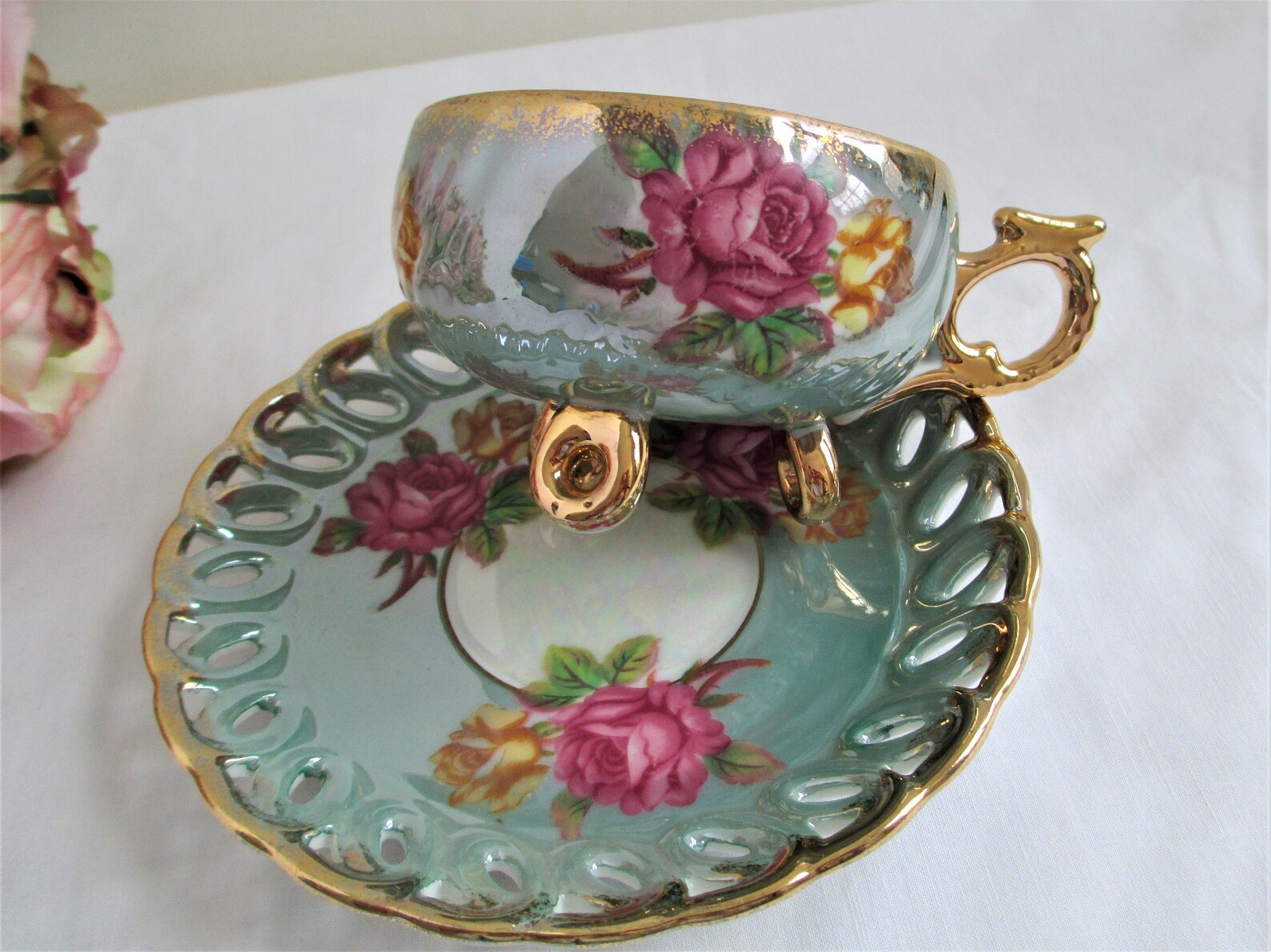 Tea Cup and Saucer Beautiful Roses Lusterware With Gold Gilt ...