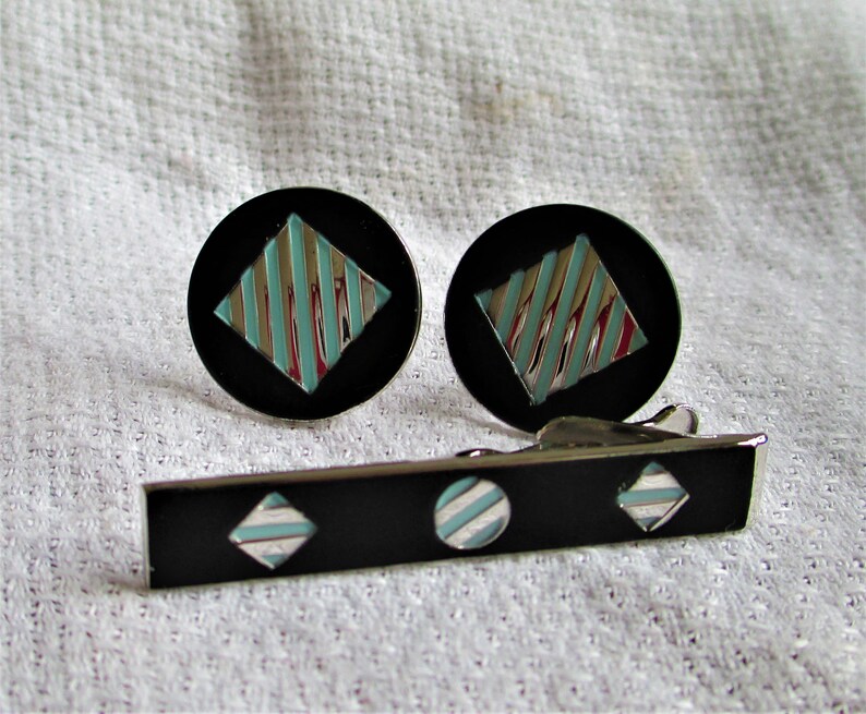 Swank Cufflinks and Tie Clip Set Enamel Geometric Designer Collection ...