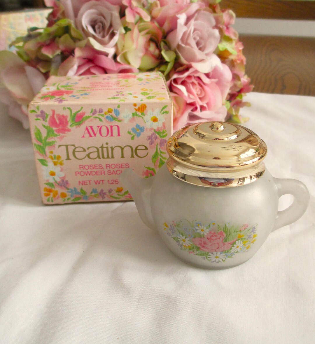 Avon Vintage Teatime Powder Sachet Decanter With Roses, Roses Powder ...