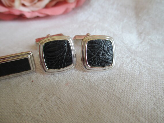 Vintage Swank Cufflinks Set Silver With Black Leather… - Gem