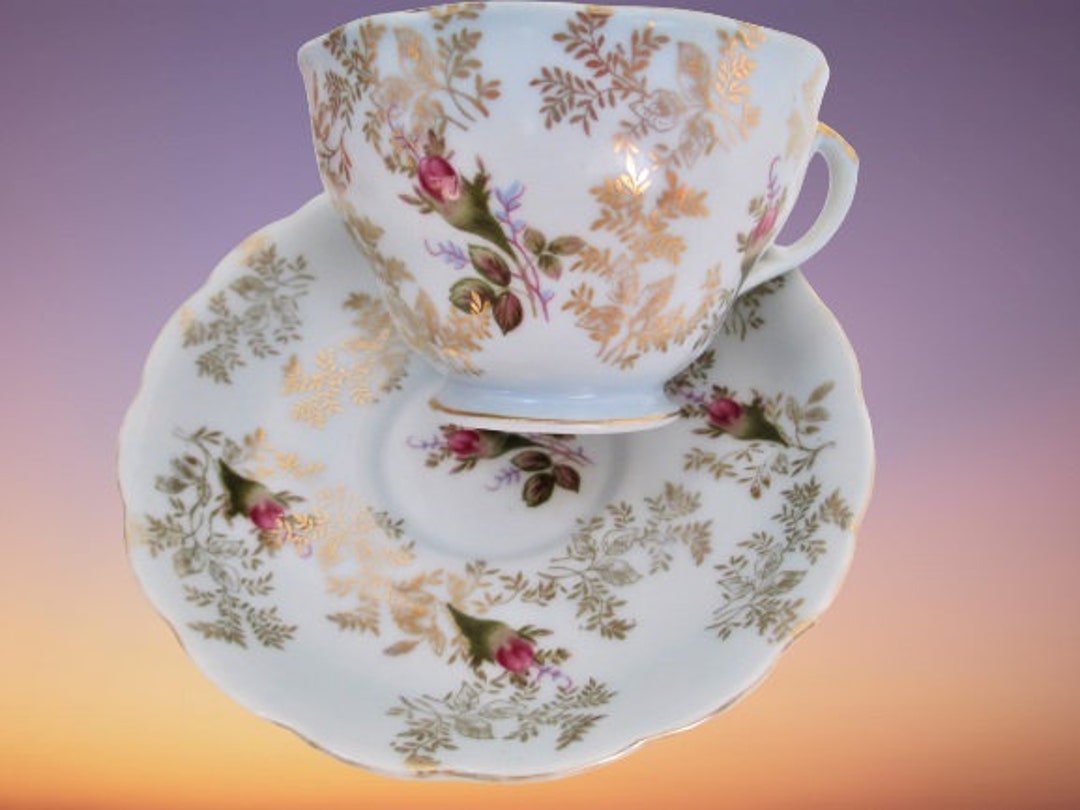 Vintage Teacup & Saucer Smoke Blue With Roses and Gold Gilt Tea Cup and ...