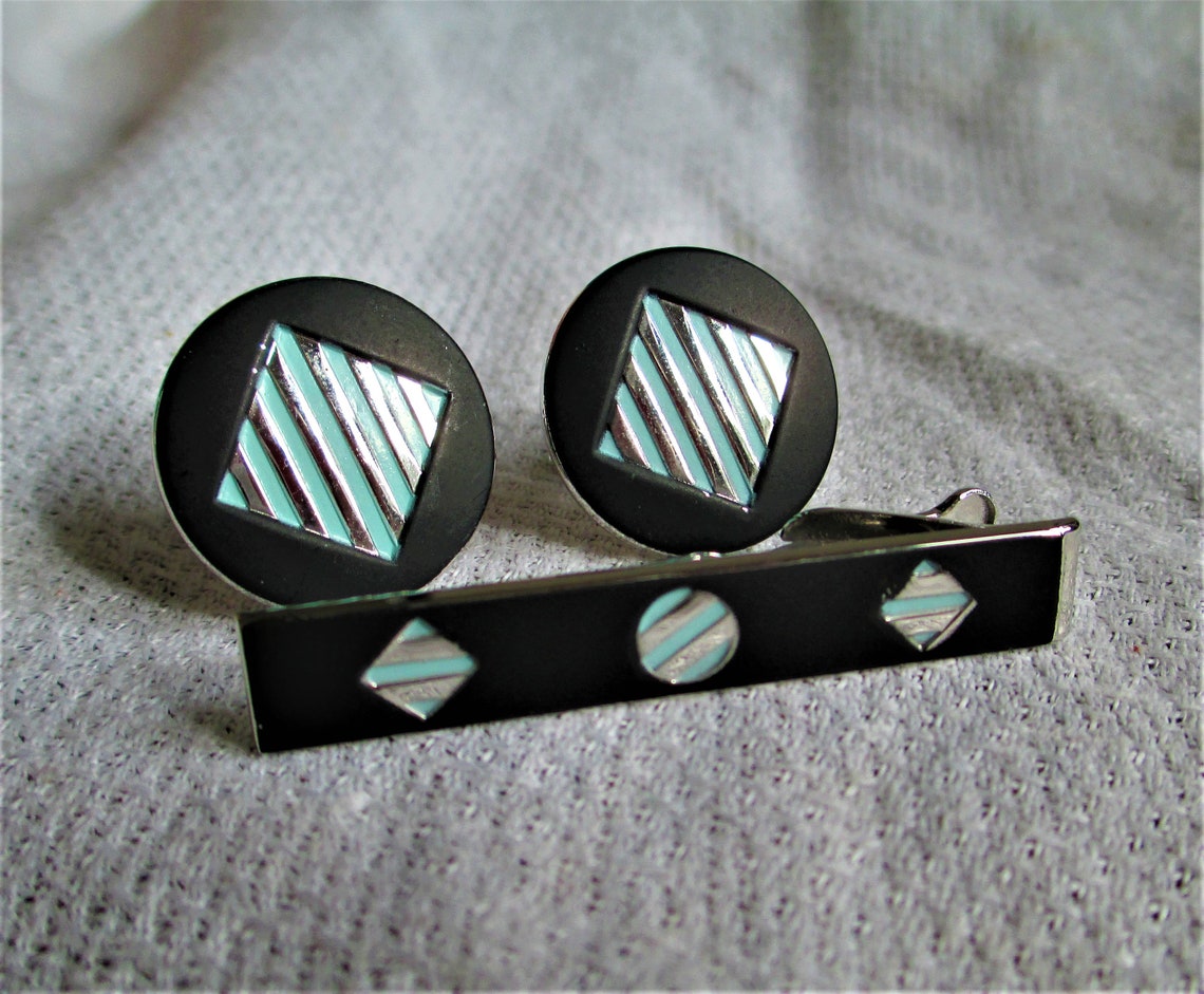 Swank Cufflinks and Tie Clip Set Enamel Geometric Designer Collection ...