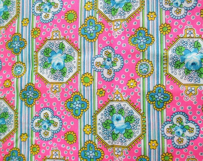 Vintage Fabric Pink and Blue Floral Fabric Craft Quilt Cotton Fabric ...