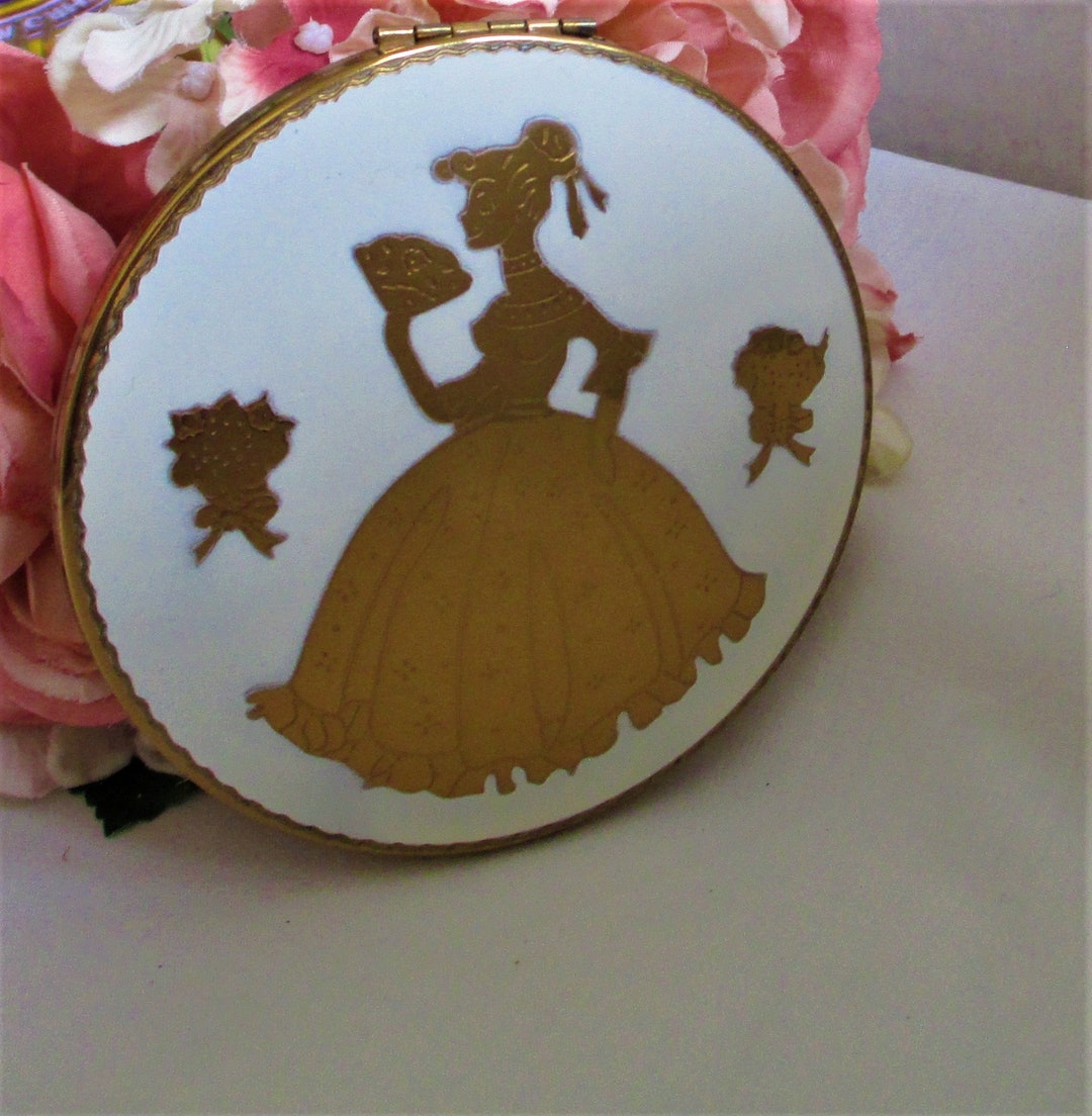 Vintage Compact Enamel Large Round Gold Tone Lady With Fan, and Flowers ...