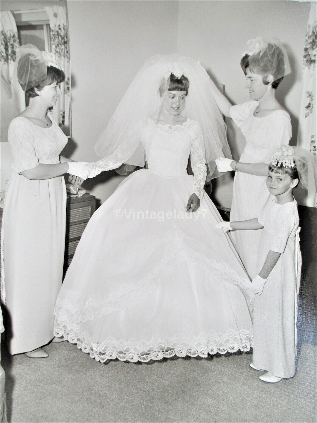 Vintage Photo 1966 Bride in Her Beautiful Wedding Dress With Brides ...