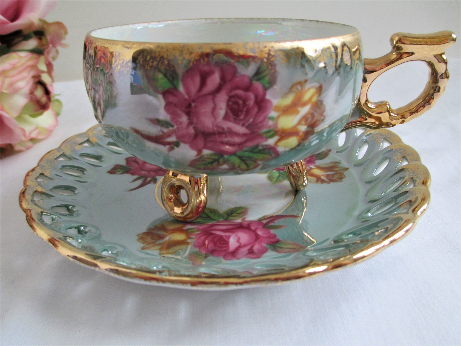 Tea Cup and Saucer Beautiful Roses Lusterware With Gold Gilt ...