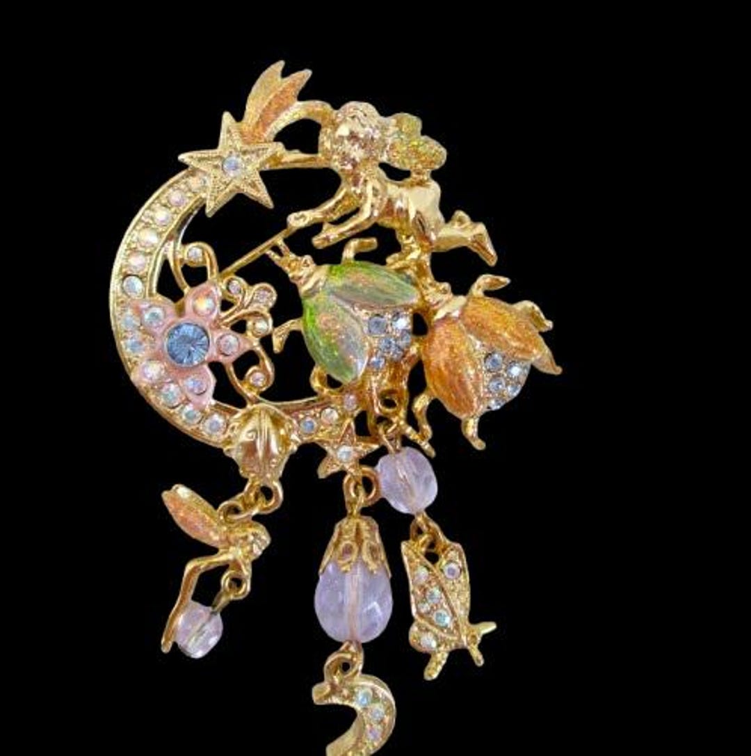 KIRKS FOLLY Fantastic Firefly Frenzy Brooch Moon Angel Star Bugs Dangle ...