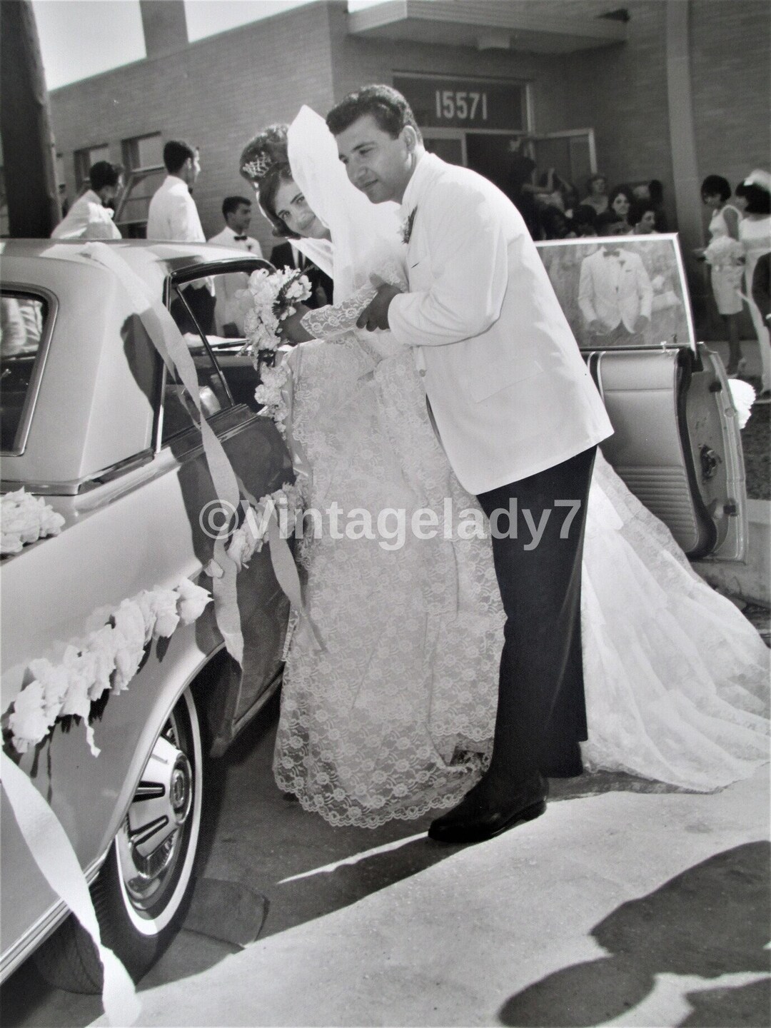 Vintage Photo 1966 Bride With Tall Tiara Hair and Groom Getting in A ...