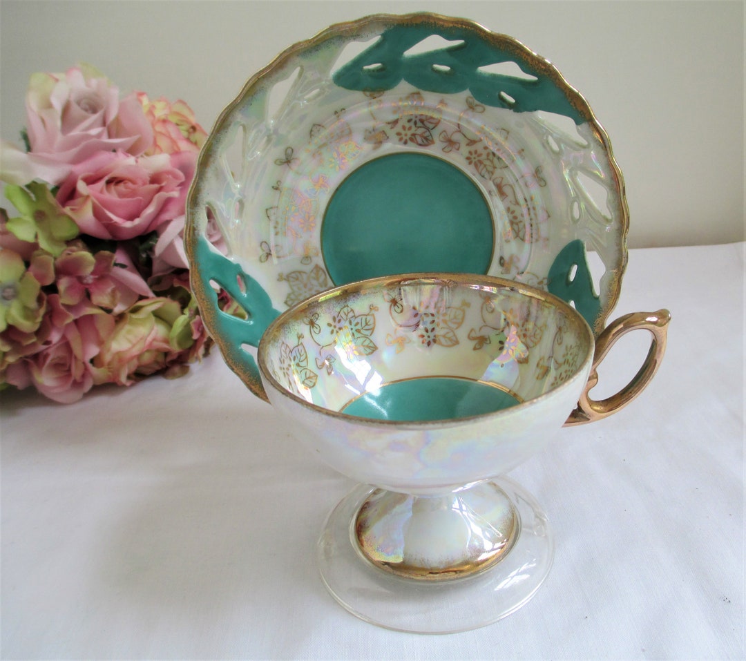 Vintage Tea Cup and Saucer Lefton Hand Painted Lusterware Gold Gilt ...