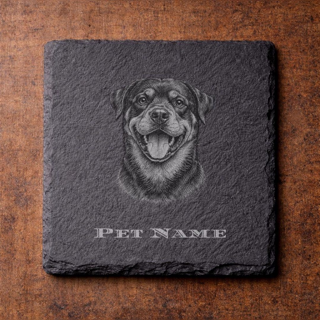 Engraved Rottweiler Dog Slate Coaster Set – Personalized Pet Portrait ...