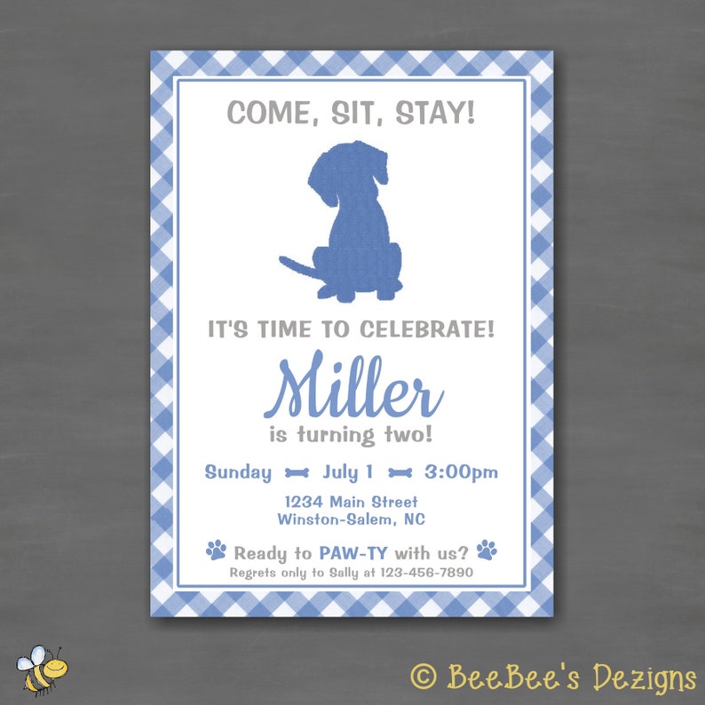 Dog Puppy Pawty Party Birthday Party Invitation-- Blue Gingham Boy Come ...