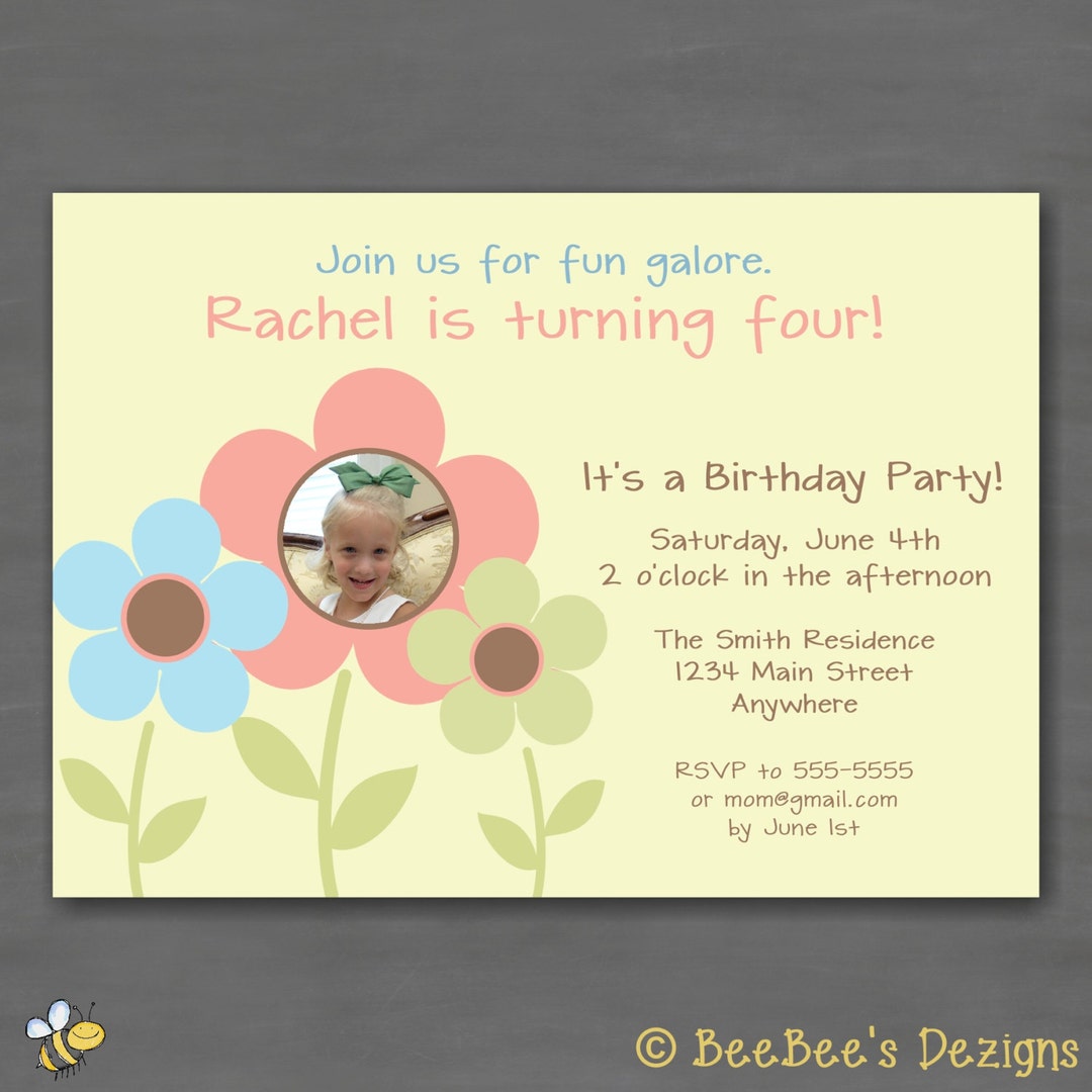 Flower Birthday Party Invitation With Photo--yellow Green Pink - Etsy