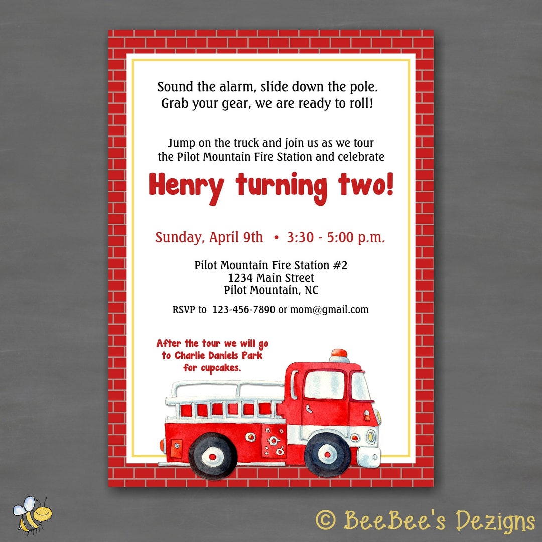 Firetruck Fire Station Boy or Girl Birthday Party Invitation--printable ...