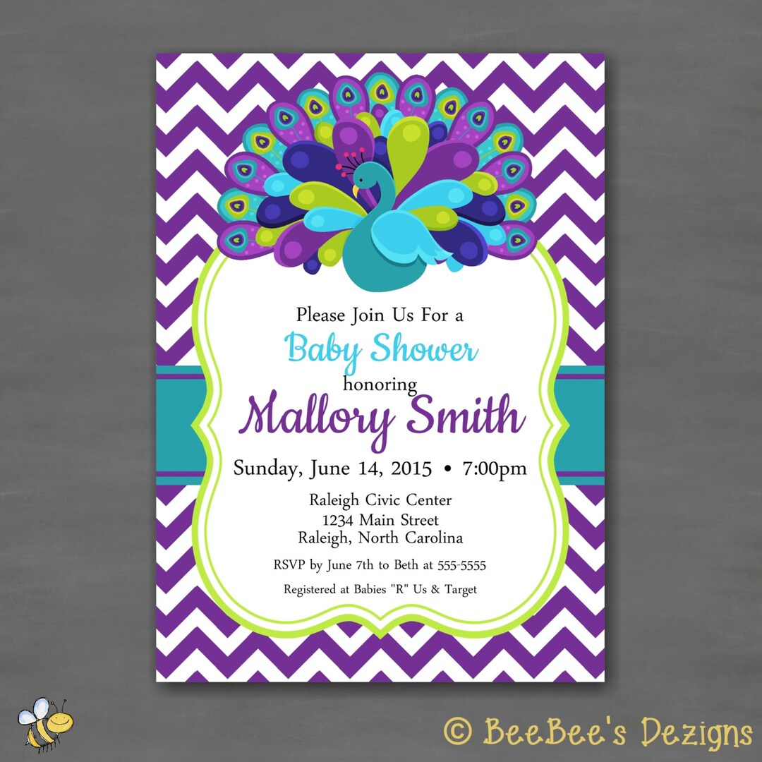 Peacock Baby Shower Party Invitation--purple Teal Green Chevron - Etsy