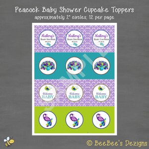 Peacock Baby Shower Cupcake Toppers--custom Printable; Purple Green ...
