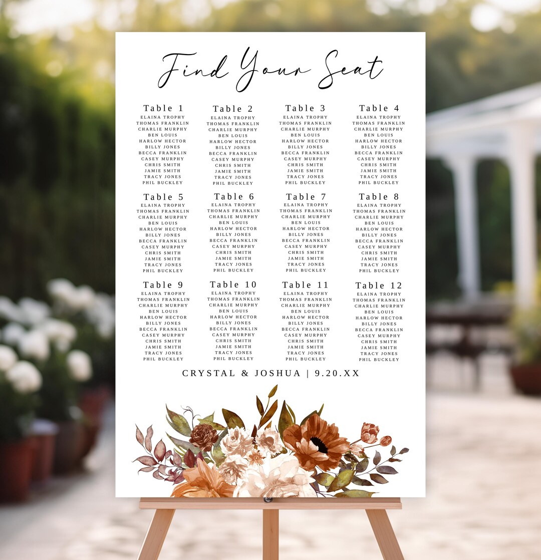 Fall Wedding Seating Chart, Fall Wedding Seating Assignment, Rustic ...