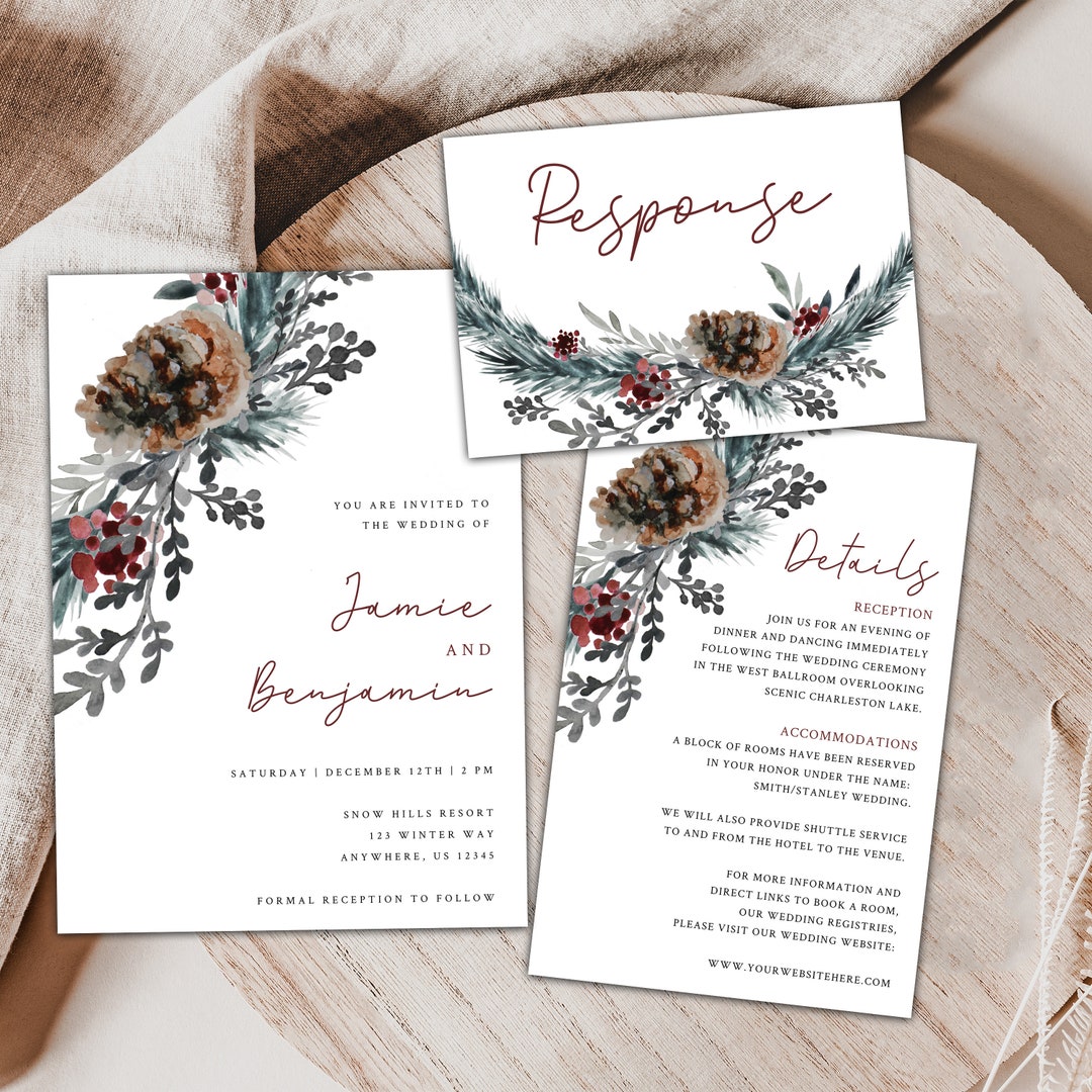 Christmas Wedding Invitation, Winter Wedding, Pinecones and Ice ...