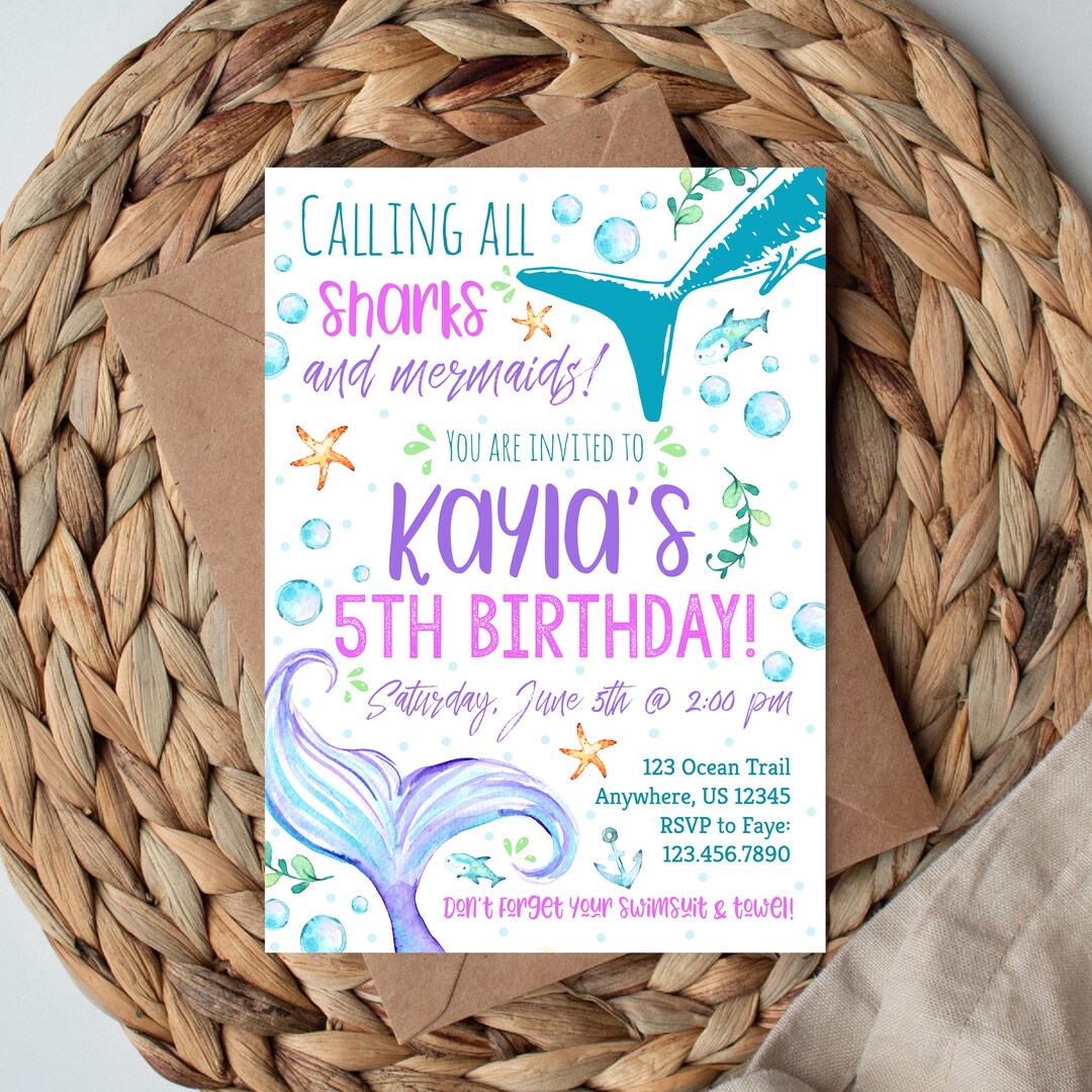 Sharks and Mermaids Birthday Invitation, Under the Sea Party, Digital ...