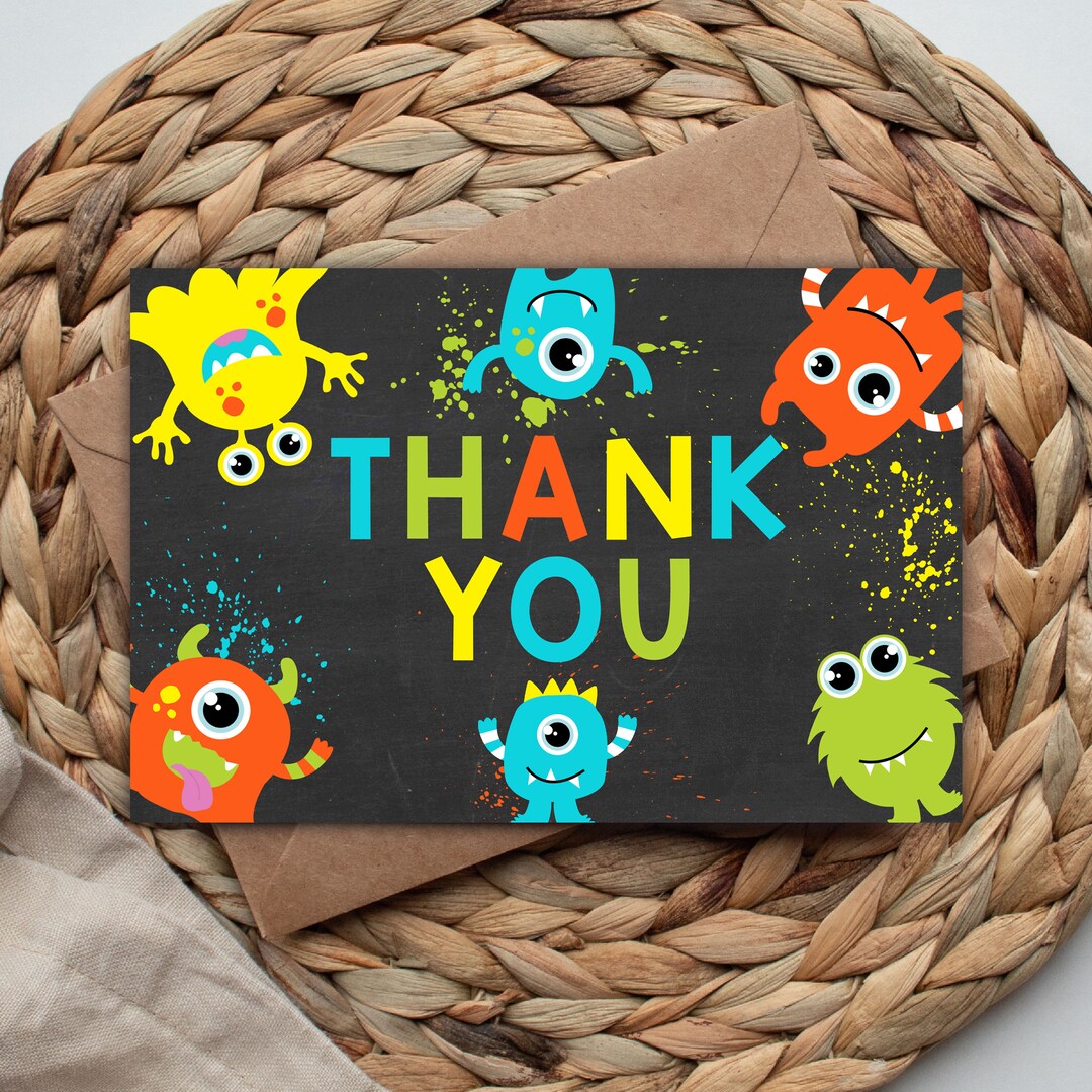 Monster Thank You Card, Little Monster Theme, Editable Template ...