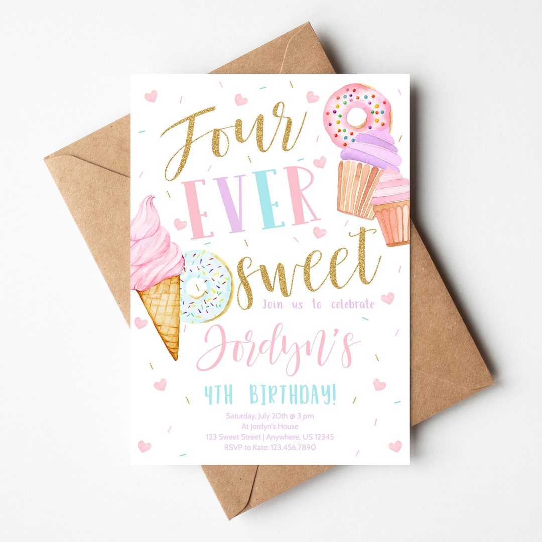 Four Ever Sweet Birthday · 4th Birthday Invitation · Donut Party Theme ...