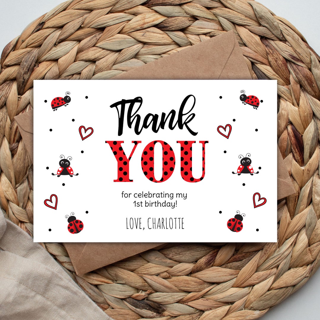 Ladybug Birthday Party, Lady Bug Thank You Card, Bug Birthday Party ...