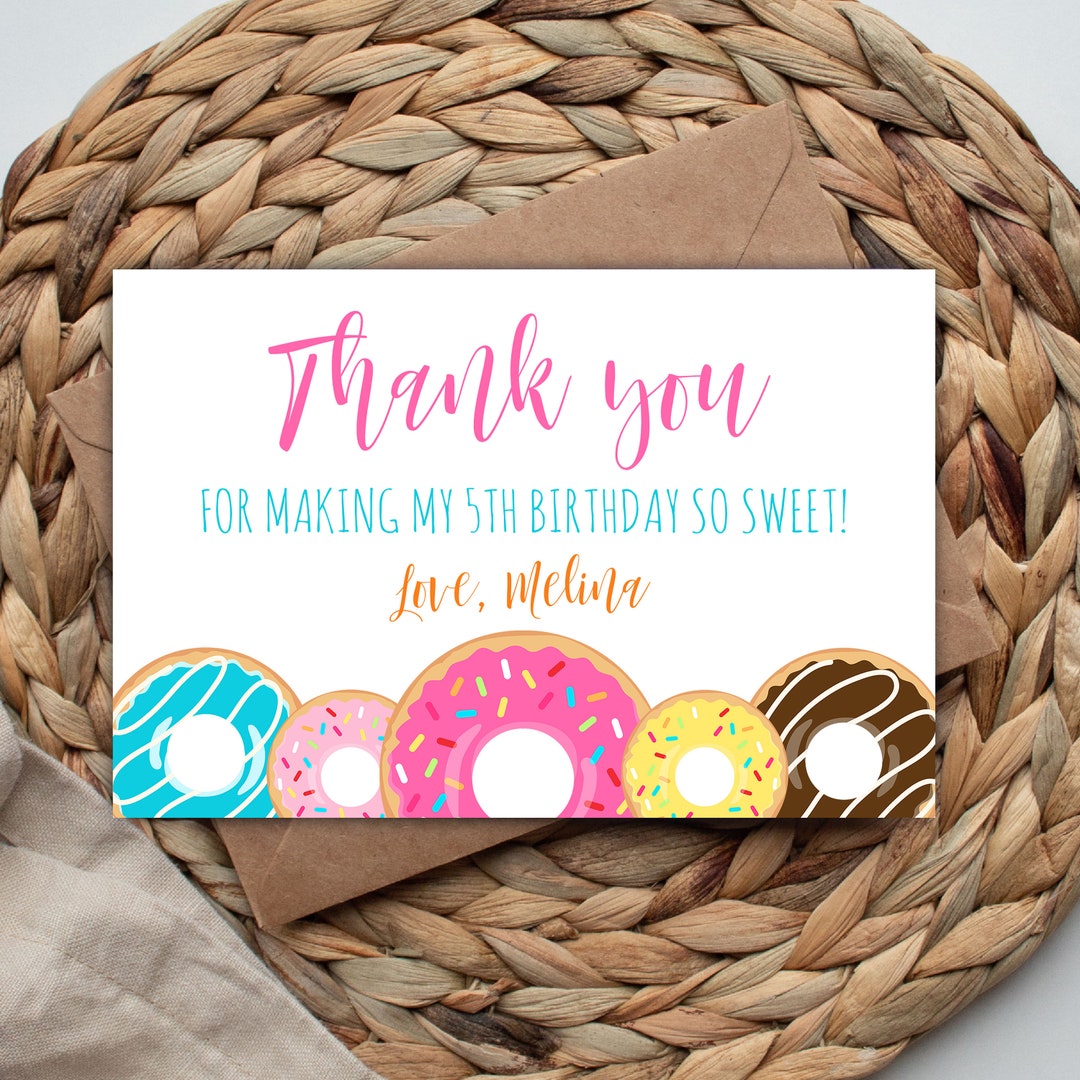 Donut Birthday Party, Donut Thank You Card, Donut Party, Birthday Thank ...