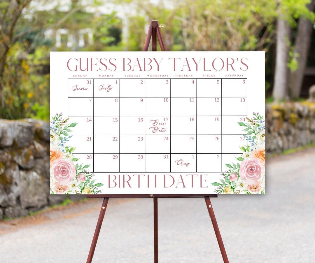 Guess Due Date Calendar, Floral Baby Shower, Due Date Calendar Sign ...