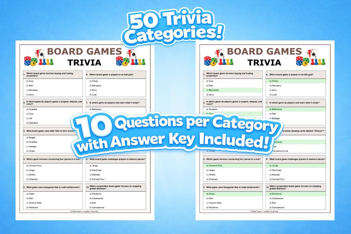 Printable Trivia Game – 50 Categories, 500 Questions! Family Game Night ...