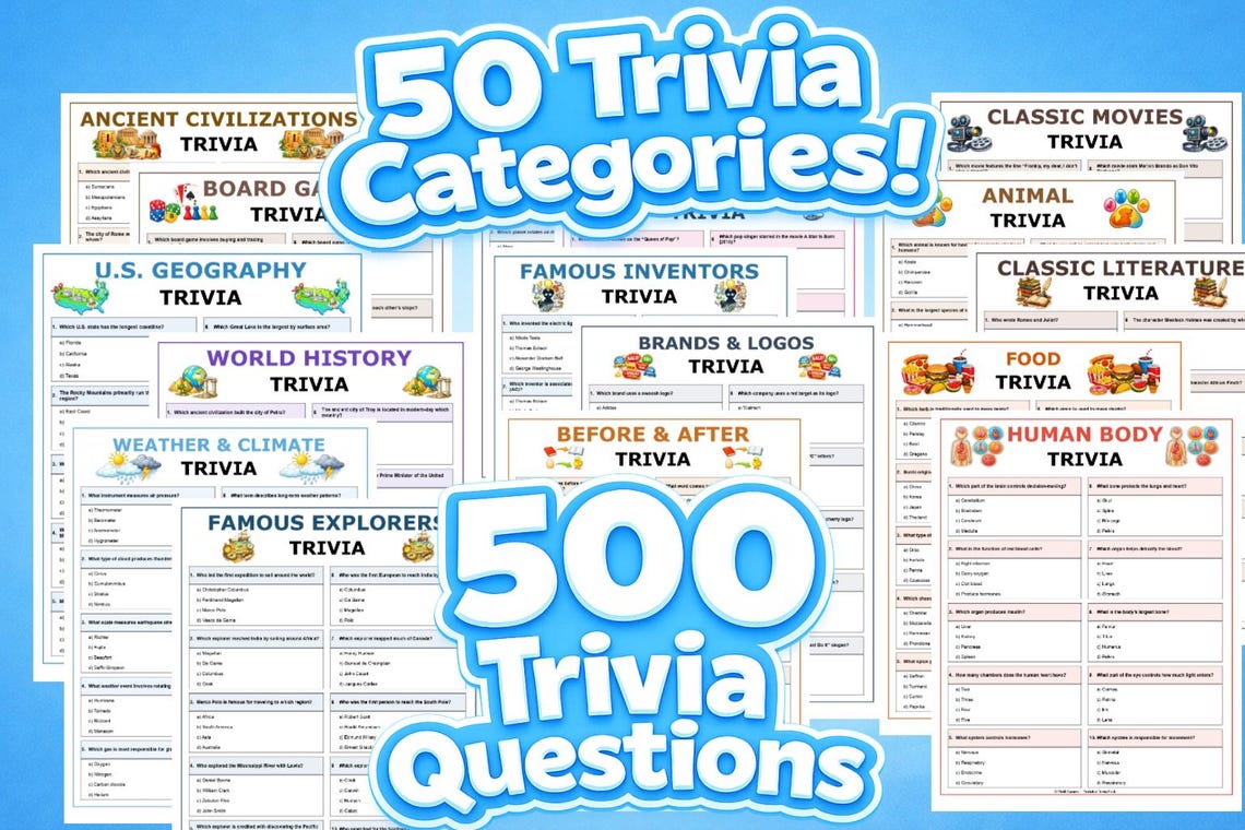 Printable Trivia Game – 50 Categories, 500 Questions! Family Game Night ...