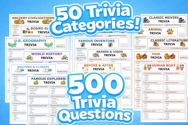 Printable Trivia Game – 50 Categories, 500 Questions! Family Game Night ...