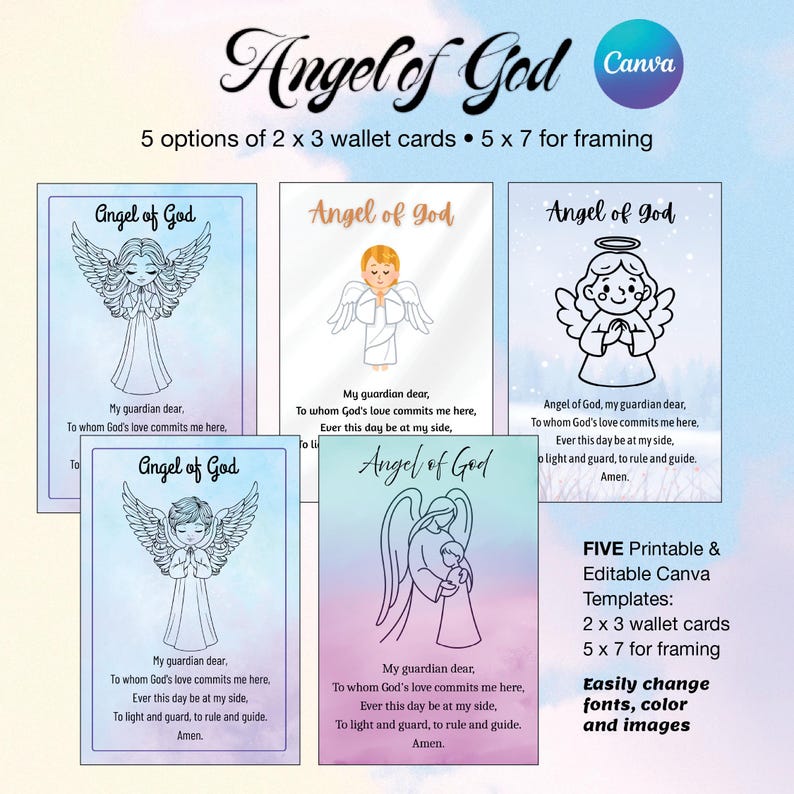 5 Christian Angel of God Prayer Cards: Wallet Size and 5x7 Printable ...