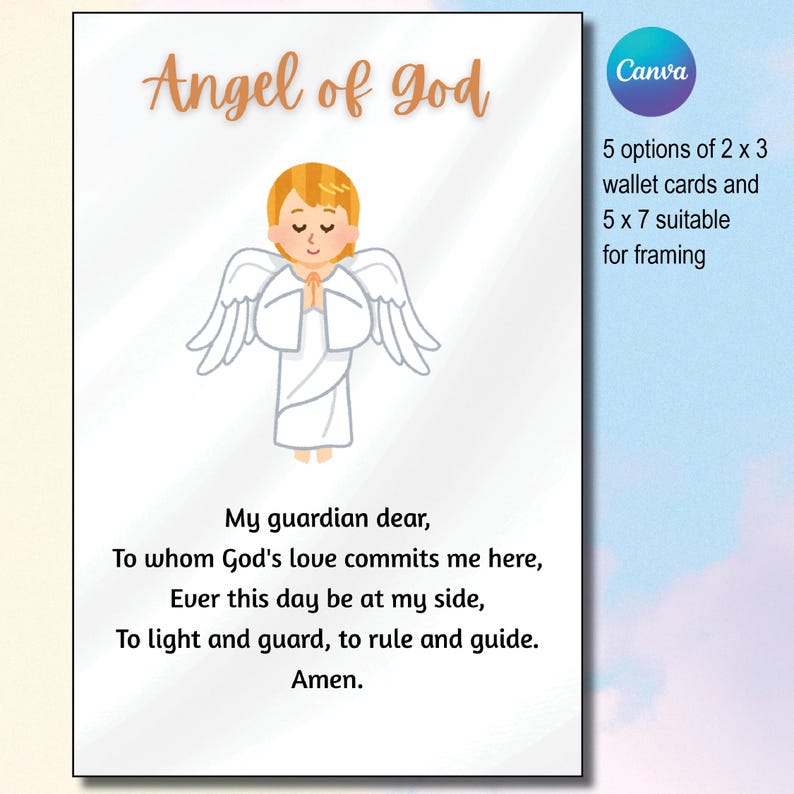 5 Christian Angel of God Prayer Cards: Wallet Size and 5x7 Printable ...