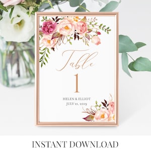 Rose Gold Editable Table Numbers, Floral Table Numbers, Pink Blush Boho ...