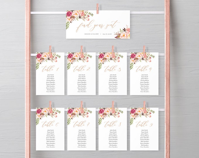 Rose Gold Boho Editable Seating Chart Template Pink Floral - Etsy