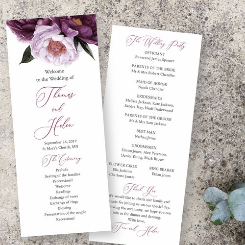 Purple Floral Wedding Program Template Printable Plum Floral - Etsy