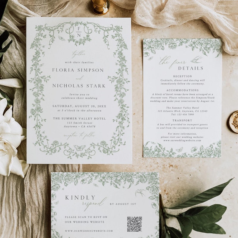 Green Floral Toile Invite - Etsy