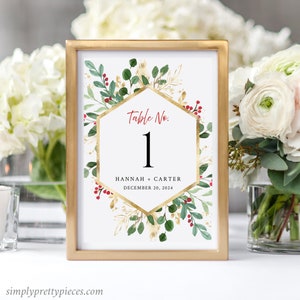 Red Green Gold Editable Table Numbers, Printable Christmas Table ...