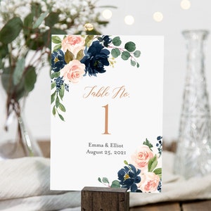 Navy Blush Rose Gold Editable Table Numbers, Printable Pink Floral ...