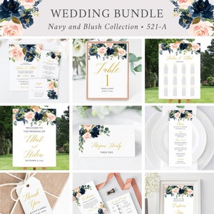 Gold Navy Blush Editable Wedding Bundle, Printable Pink Invitation ...
