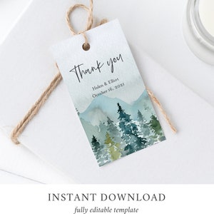 Woodland Rustic Editable Tags, Printable Mountains Favor Tags, Forest ...