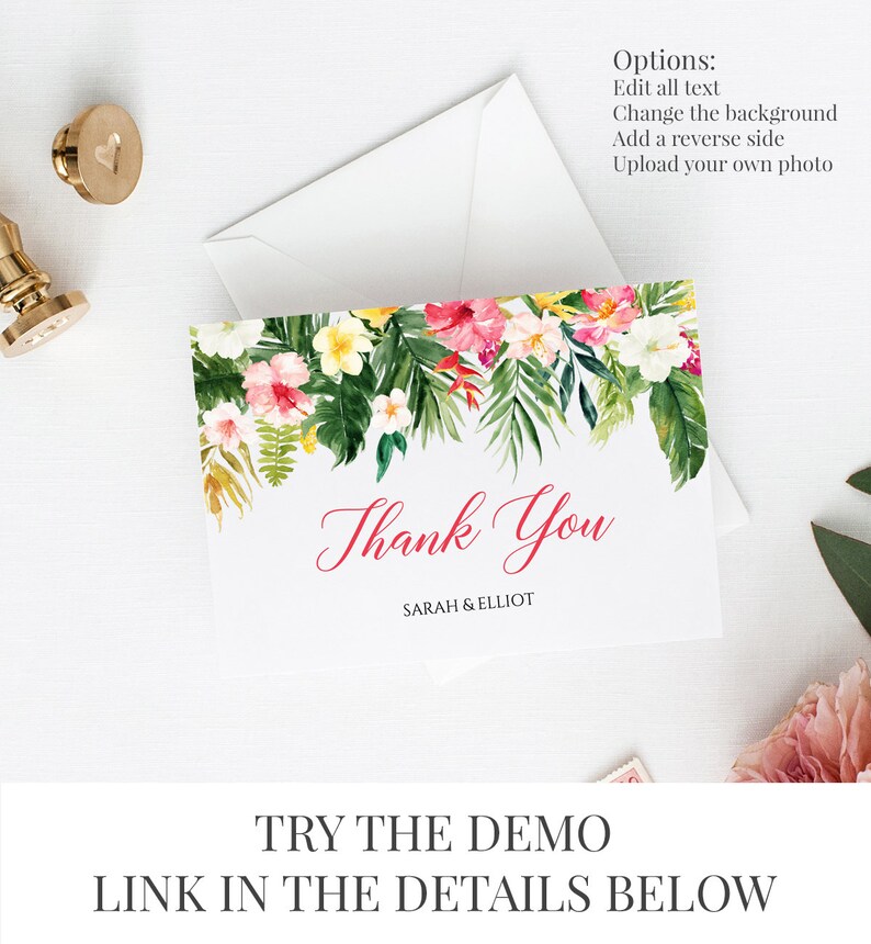 Tropical Floral Printable Thank You Cards Editable Pink | Etsy
